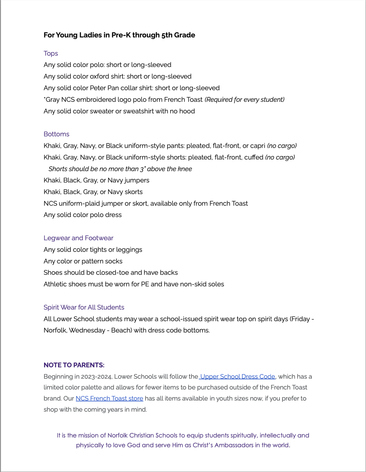 Lower School Dress Code - Norfolk Christian Schools